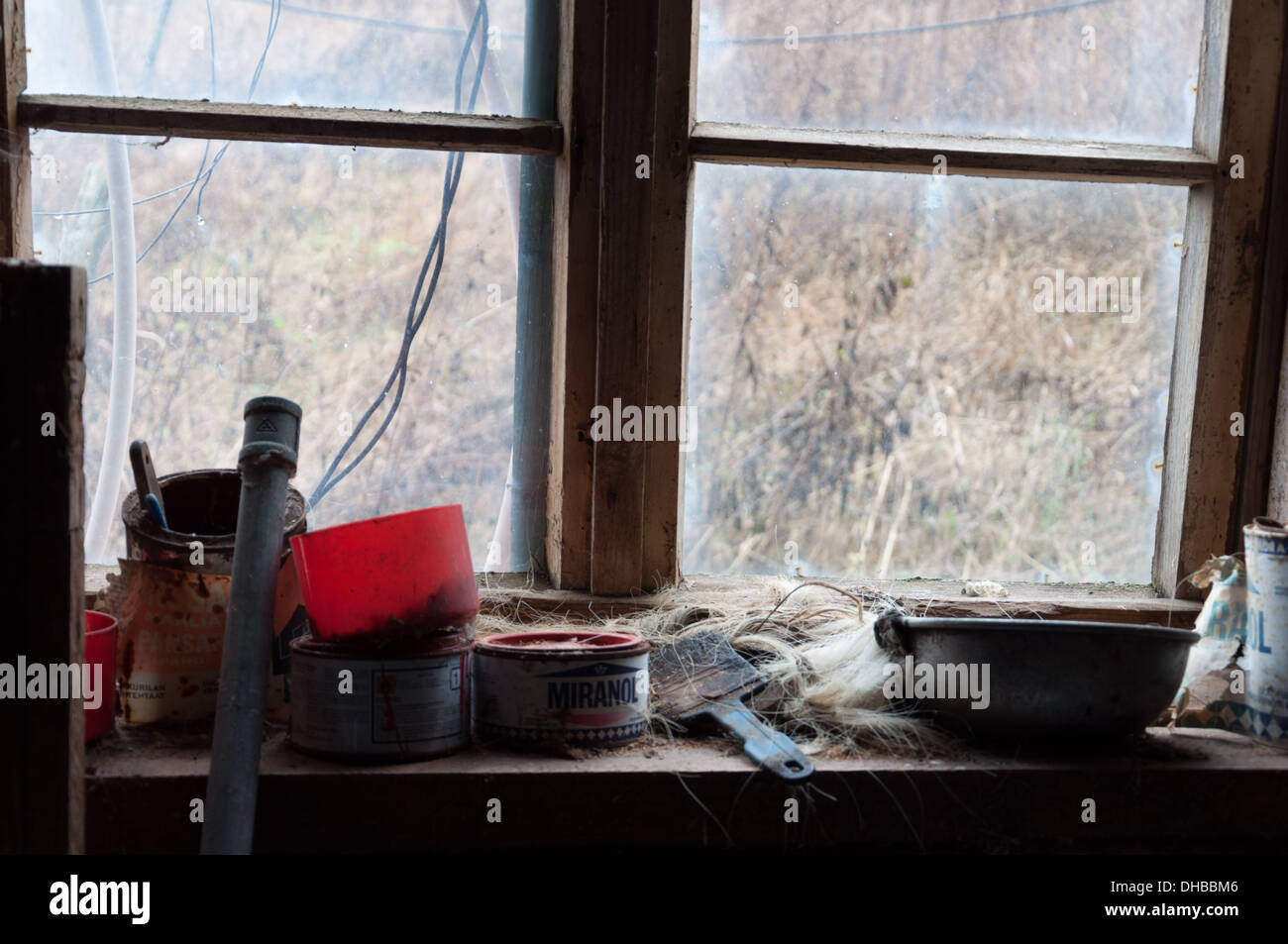The view from an abandoned workshop window in Finland on a rainy ...