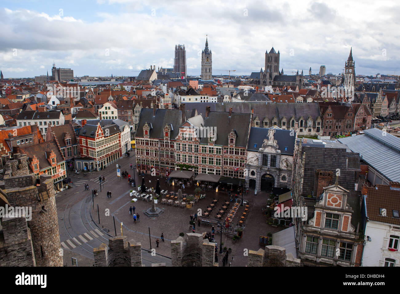 Aerial view, from the Castle of the Counts, city of Gent, in Flanders ...