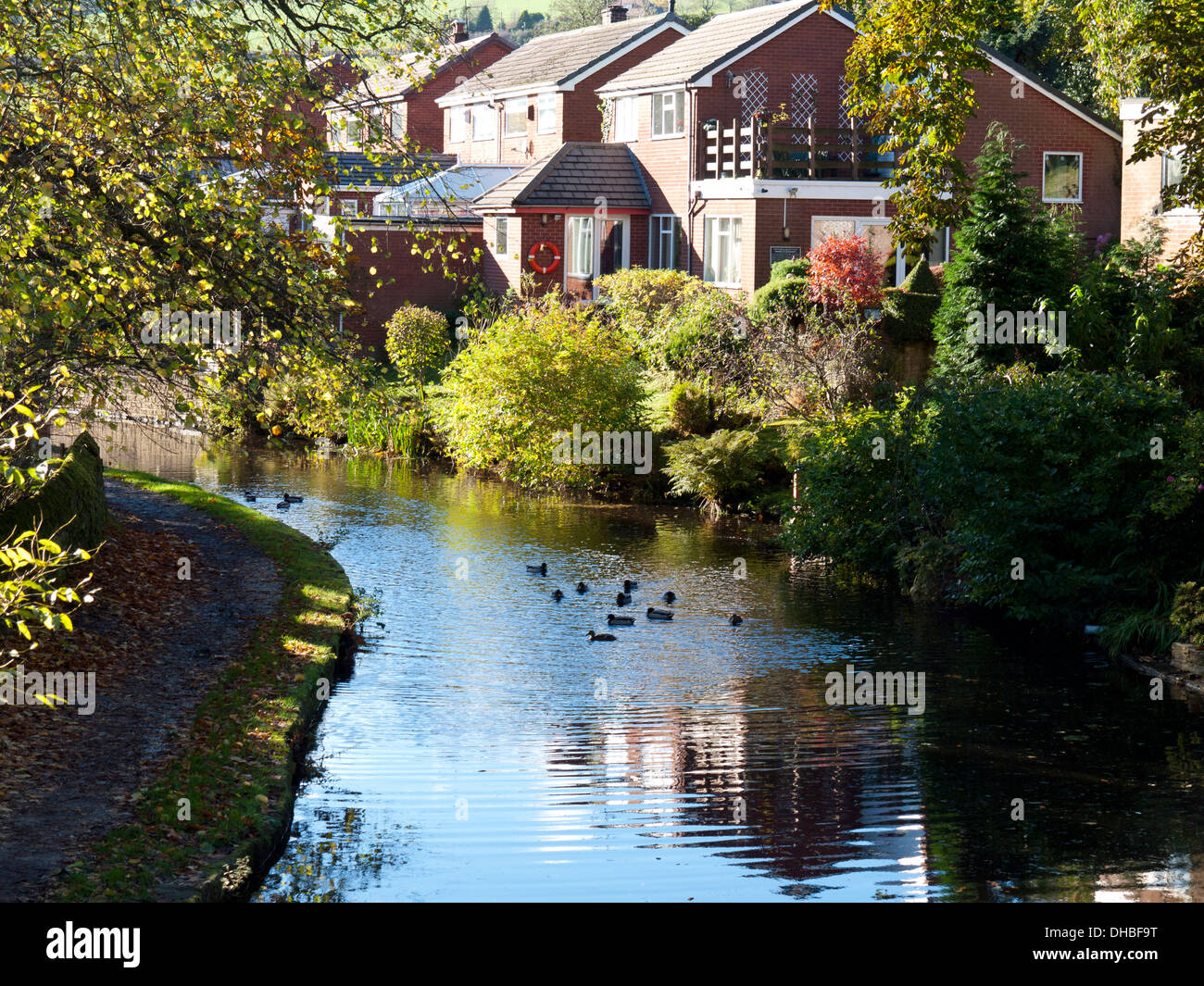 The Huddersfield Canal backed on by housing, Greenfield, Saddleworth ...