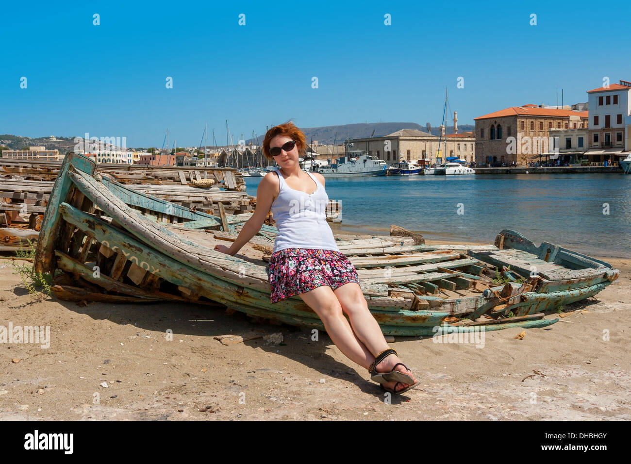 Young girl in harbour of Chania. Crete, Greece Stock Photo - Alamy