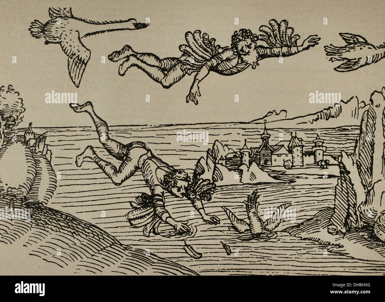 Icarus and his father Daedalus flying. Engraving by Albrecht Durer ...