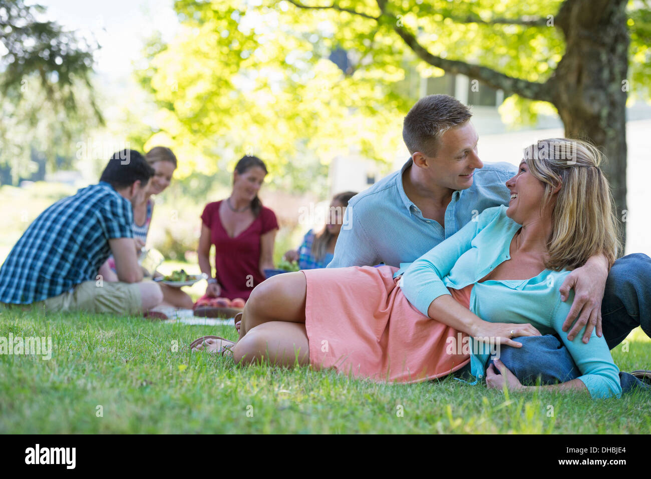Group people sitting under tree hi-res stock photography and images - Alamy