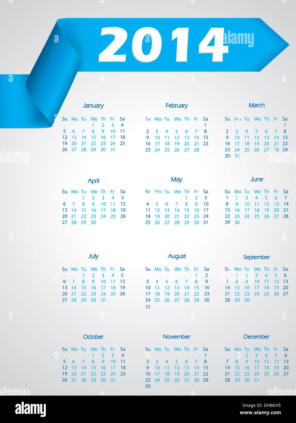 Blue ribbon calendar design for year 2014 Stock Photo - Alamy