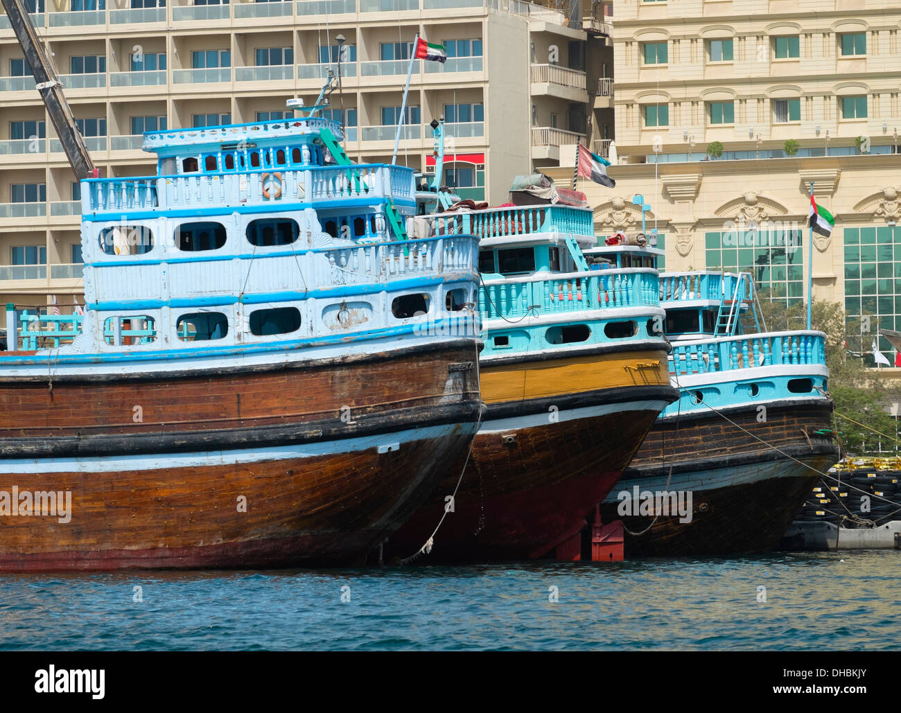 Traditional Dhows moored beside The Creek river in Dubai United Arab ...