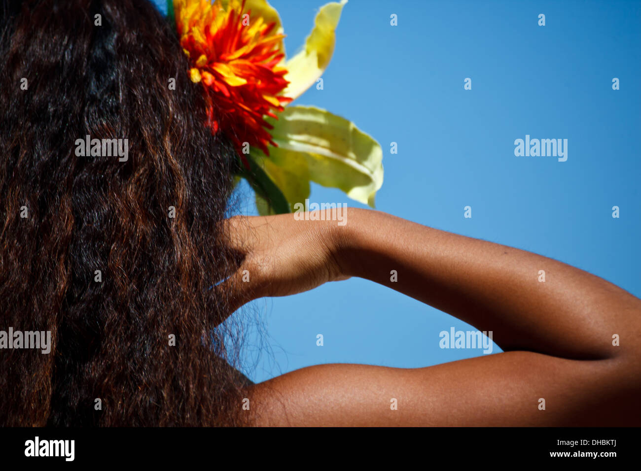 Hair arm and colorful flowers of traditional Hawaiian hula dancer Stock ...