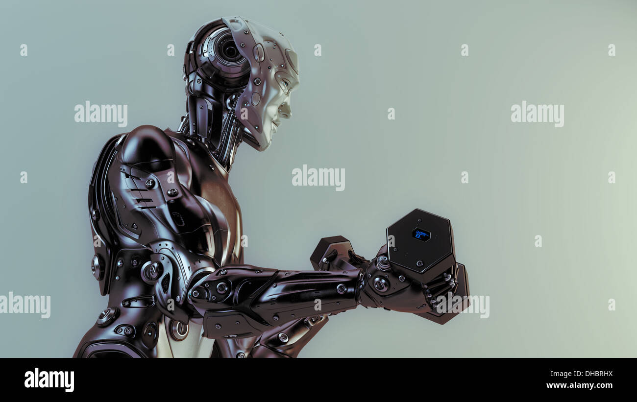 Healthy robot takes care about figure and shakes muscles Stock Photo ...