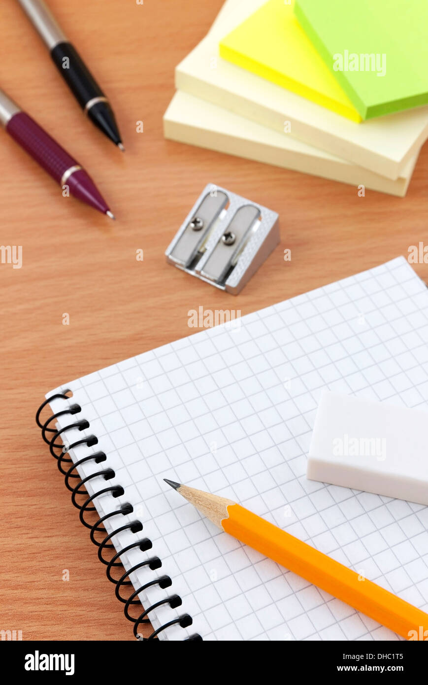 Writing equipment on desk Stock Photo - Alamy