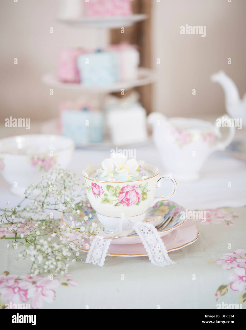 A table laid for tea, with floral china tea service Stock Photo - Alamy