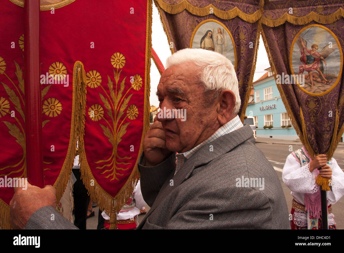 People Man with Christian flags on a pilgrimage to Zarosice, South ...