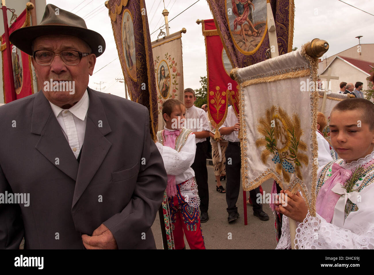 People Man and child in folk costume on a pilgrimage to Zarosice, South ...