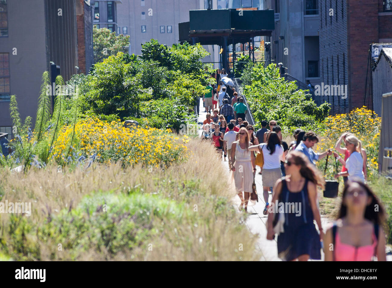 Pedestrians walking along the High LIne Park in Manhattan, New York ...