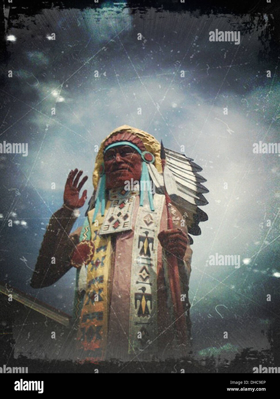 Native American Male Statue in Full Costume and Headdress, Low Angle ...
