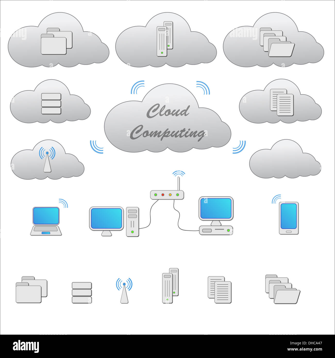 Cloud computing grey scheme and icons isolated on white. Vector ...