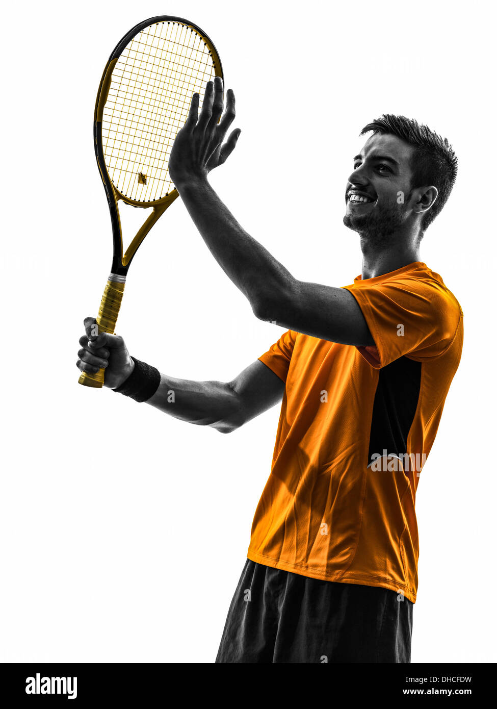 one man tennis player portrait applauding in silhouette on white ...