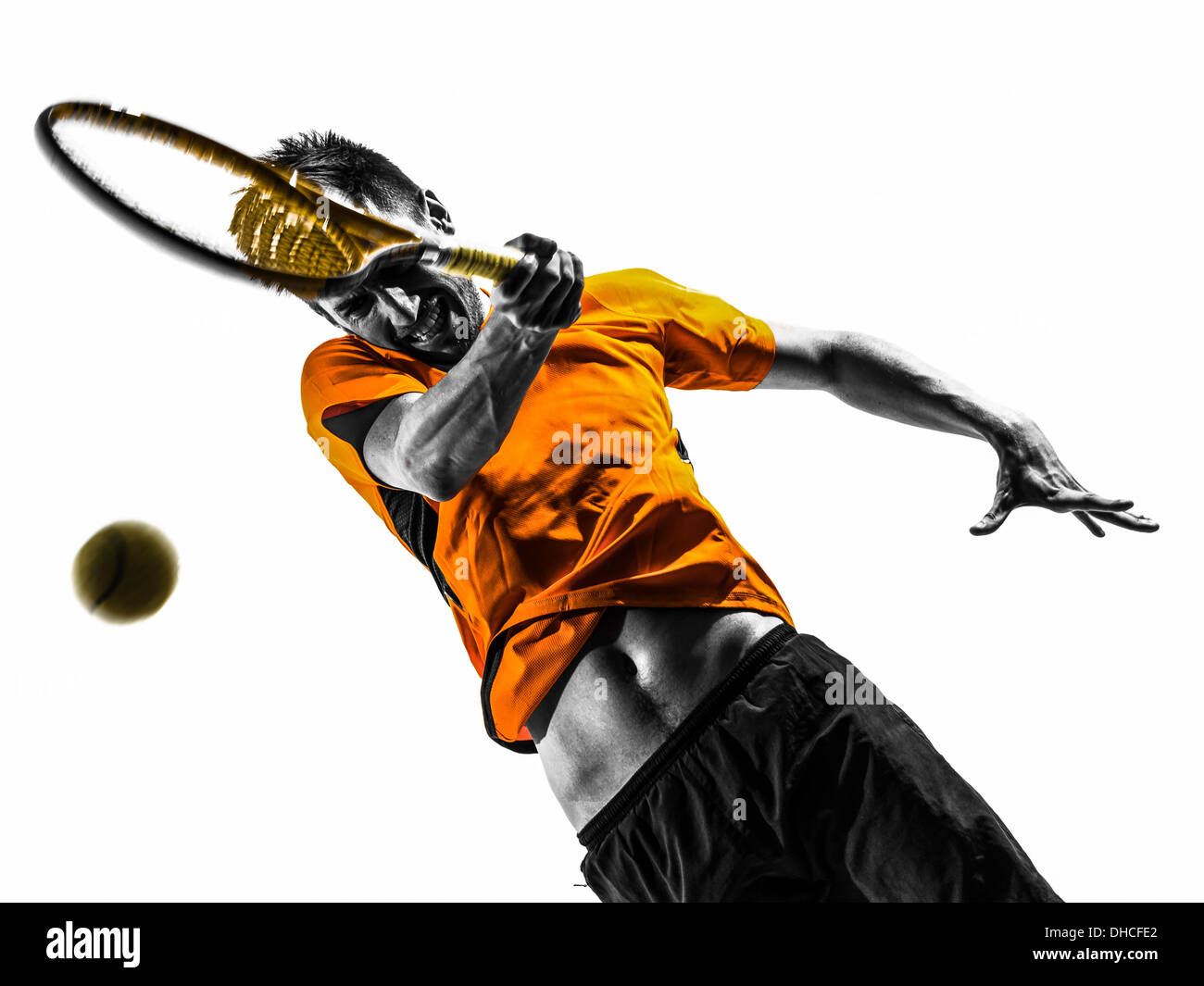 one man tennis player portrait in silhouette on white background Stock ...