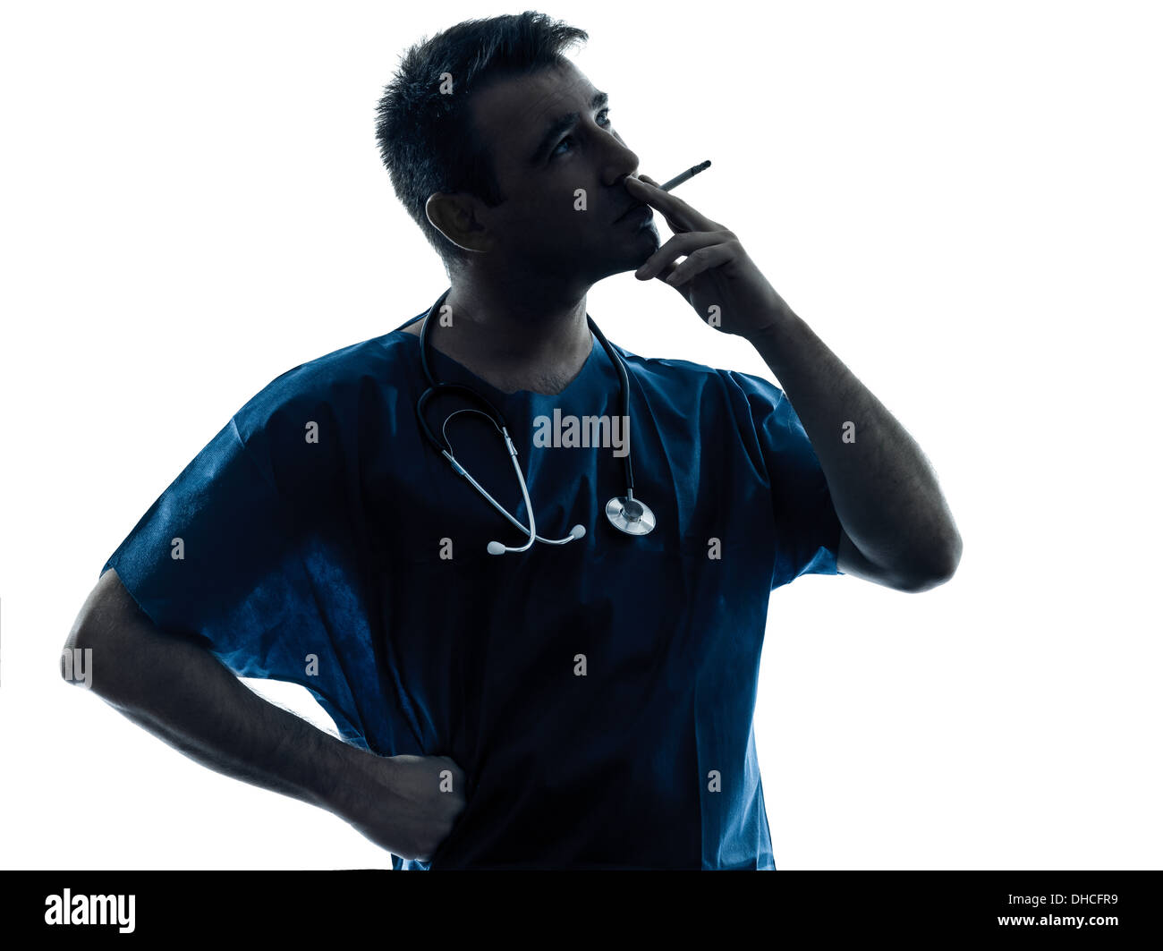 one man surgeon smoking medical worker silhouette isolated on white ...
