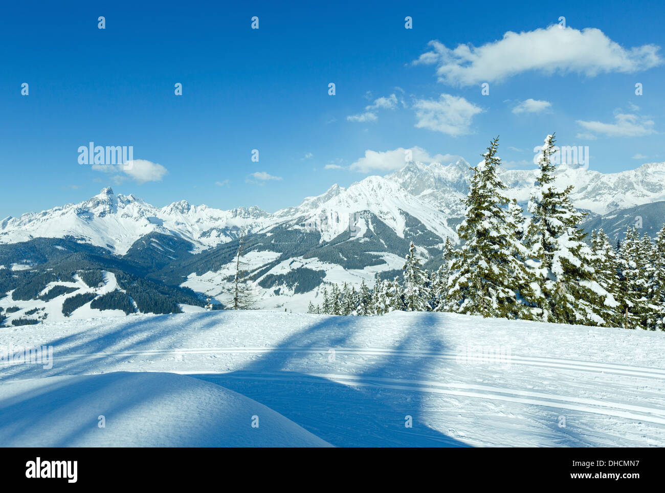 Winter mountain fir forest snowy landscape (top of Papageno bahn ...