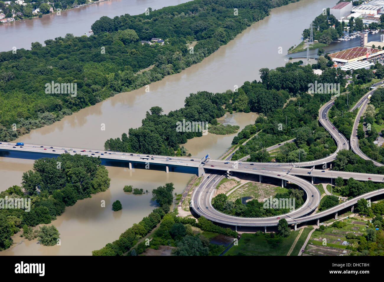 Germany, Hesse, View of motorway bridge near Wiesbaden at high water of ...