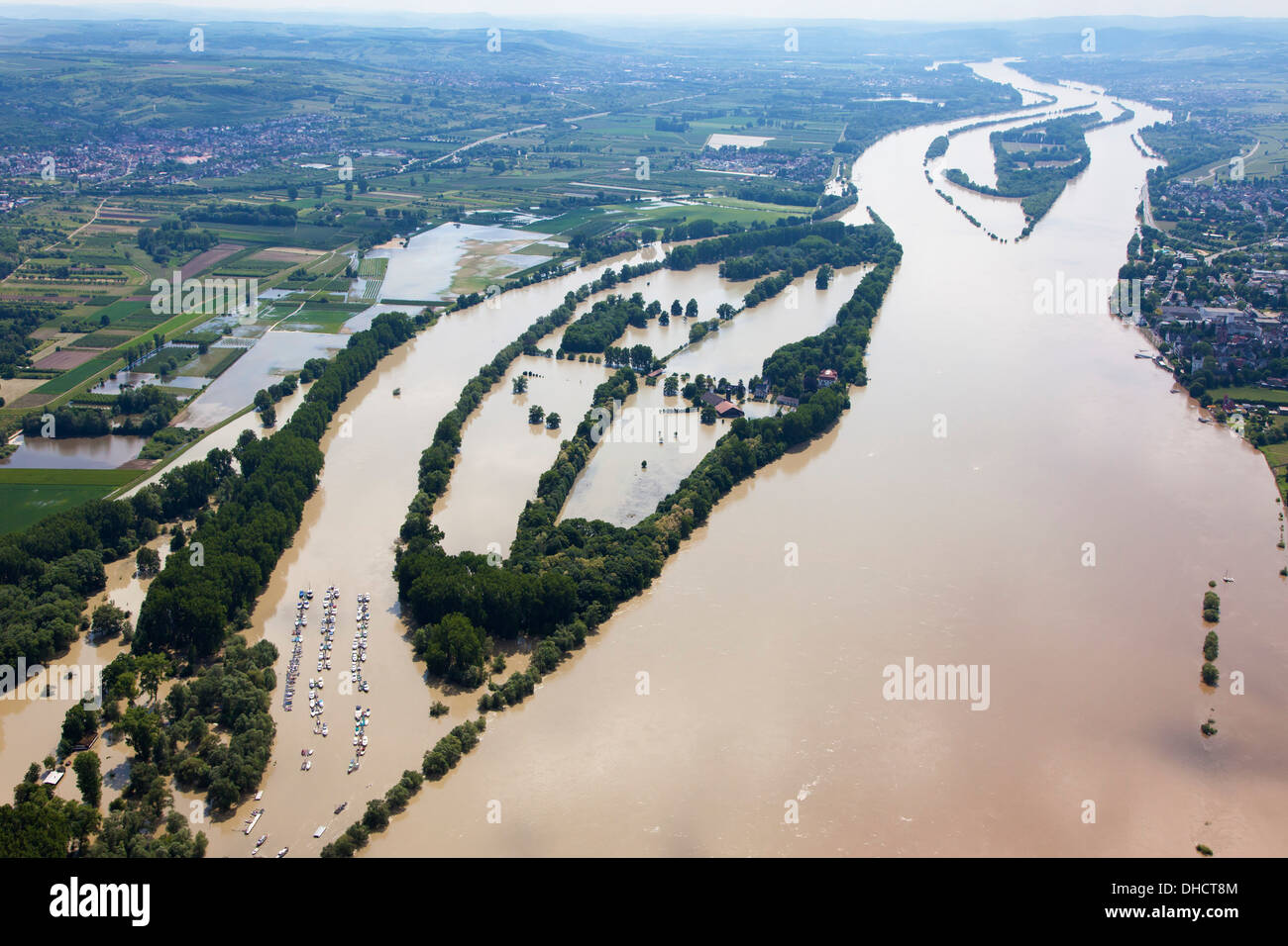 Germany, Hesse, Eltville, Flooding of River Rhine Island Koenigskling ...