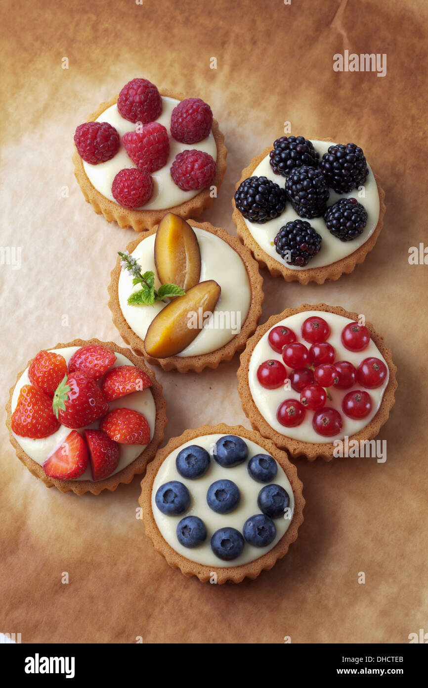 Six pies with vanilla pudding and different fruits on baking paper ...