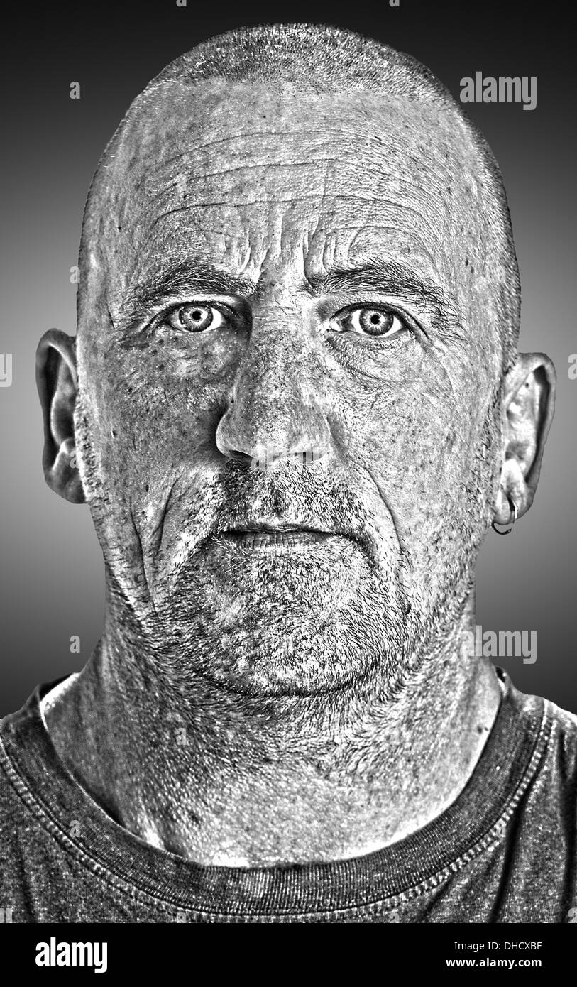 A black and white portrait of a white European male age 40-50 shot in a ...