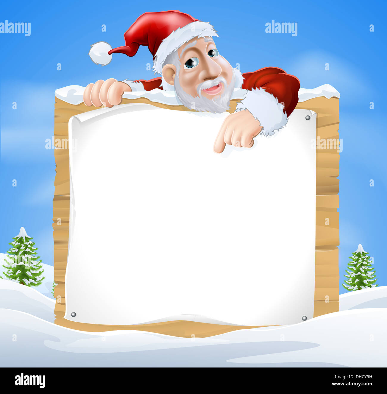 Santa Claus sign winter scene with cartoon Santa pointing down at snow ...