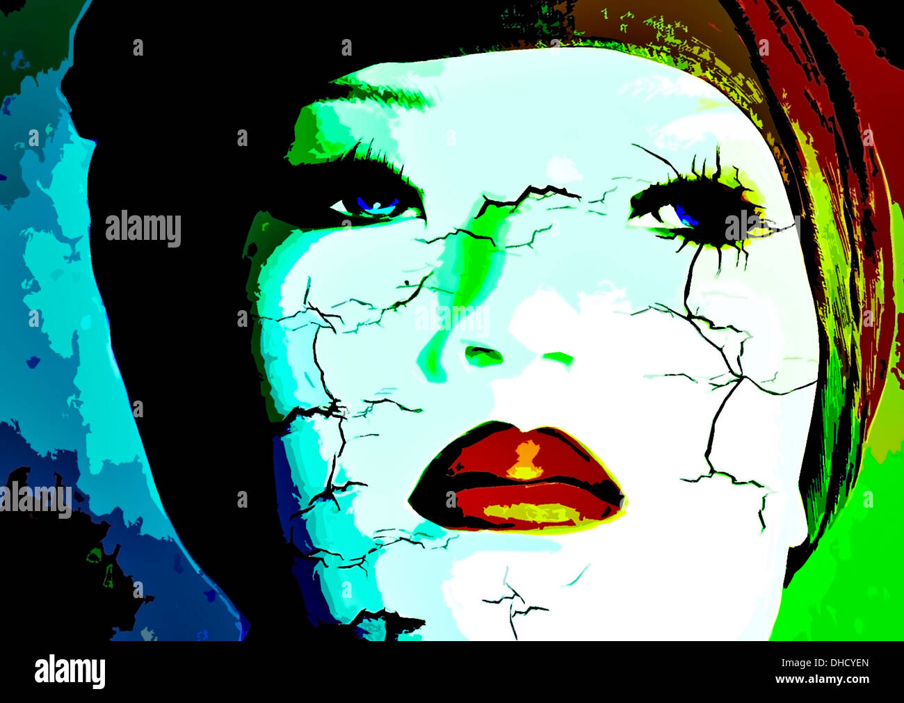 Portrait of a woman with cracks in the face, comic style Stock Photo ...