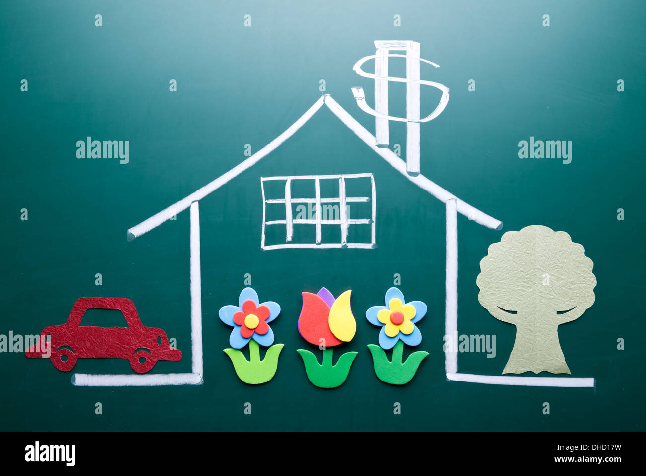 Wealth concept. Money sign on drawing house Stock Photo - Alamy