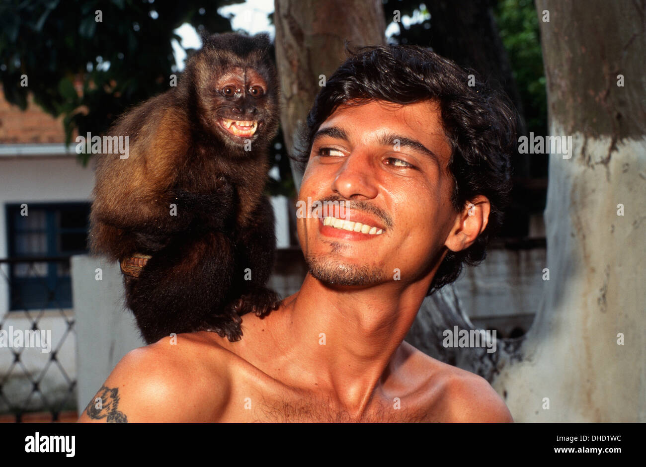 boy with his monkey, santarem, state of para, amazon region, brazil ...