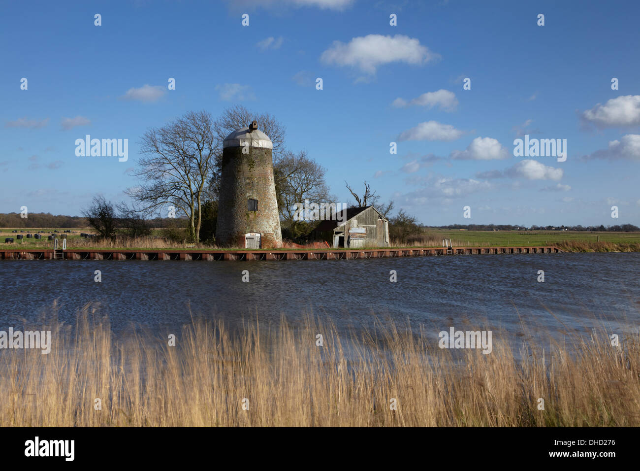 A view of Oby Mill beside the River Bure in the Norfolk Broads Stock ...