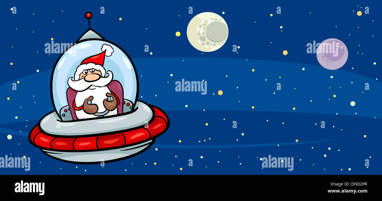 Greeting Card Cartoon Illustration of Santa Claus flying in Space on ...