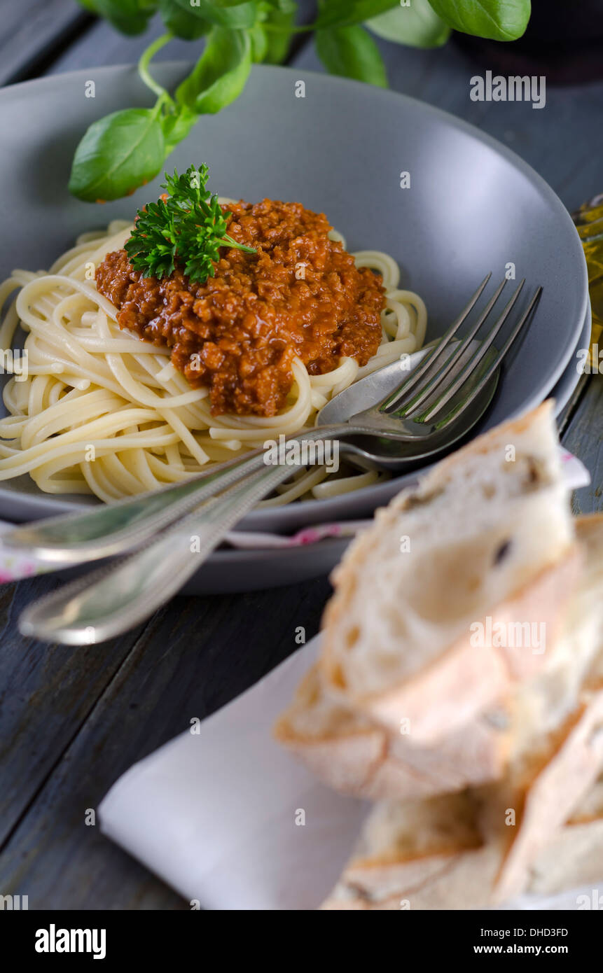 Spaghetti with vegetarian bolognese sauce made of soya Stock Photo - Alamy