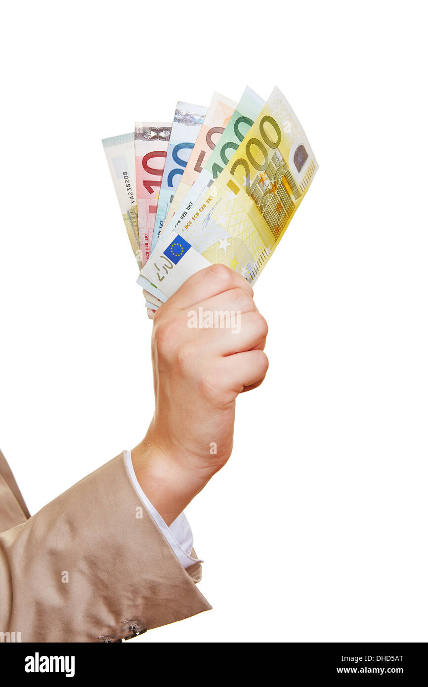Female hand holding fanned euro notes Stock Photo - Alamy
