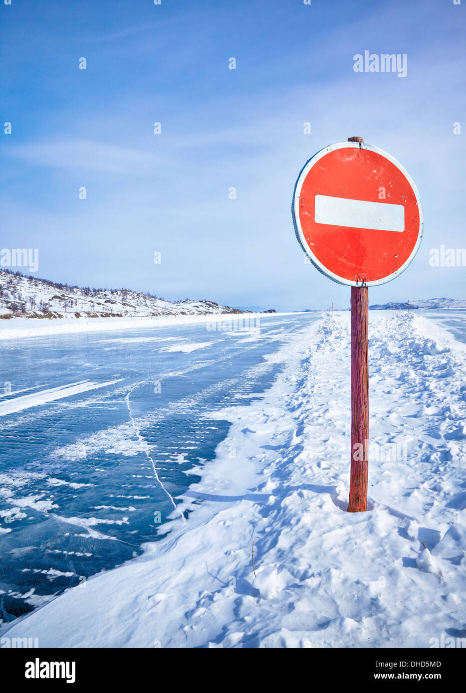 Traffic sign on Baikal ice Stock Photo - Alamy