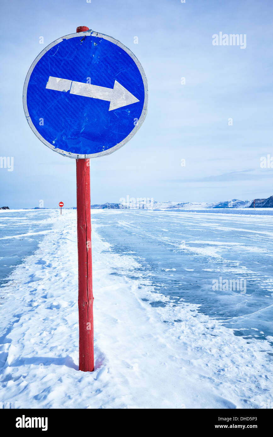 Traffic sign on Baikal ice Stock Photo - Alamy