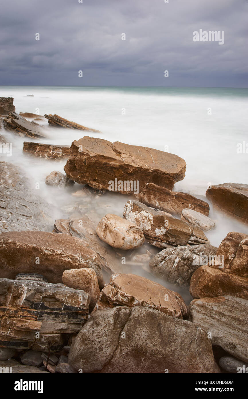 seascape of rocks sea and sky long exposure Stock Photo - Alamy