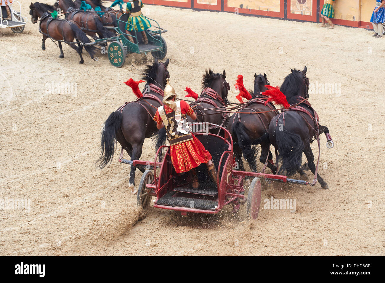 Roman Chariot Race re-enactment in the amphitheatre at Puy Du Fou ...