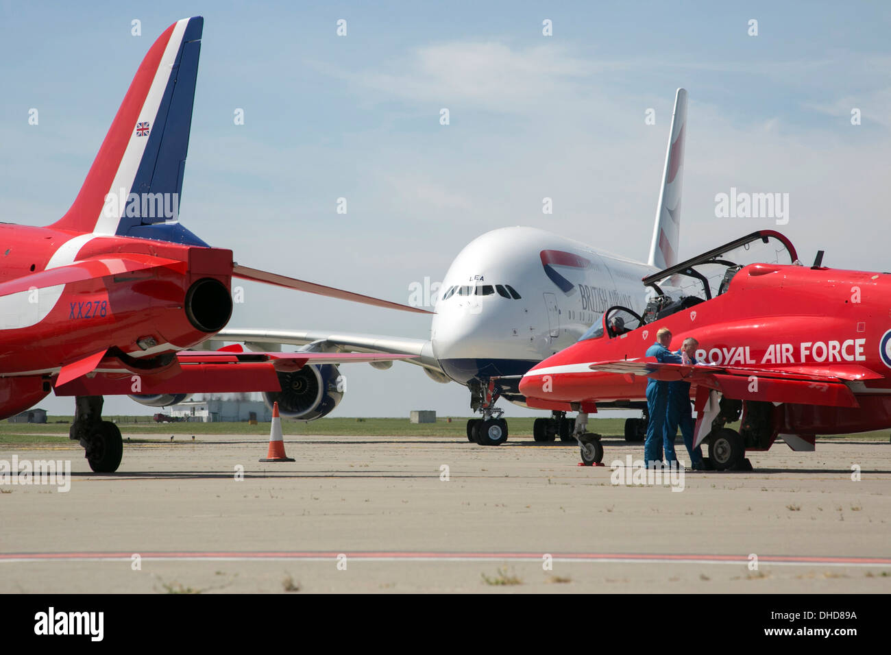 Airbus A380 with British Airways livery on runway with Red Arrows at ...