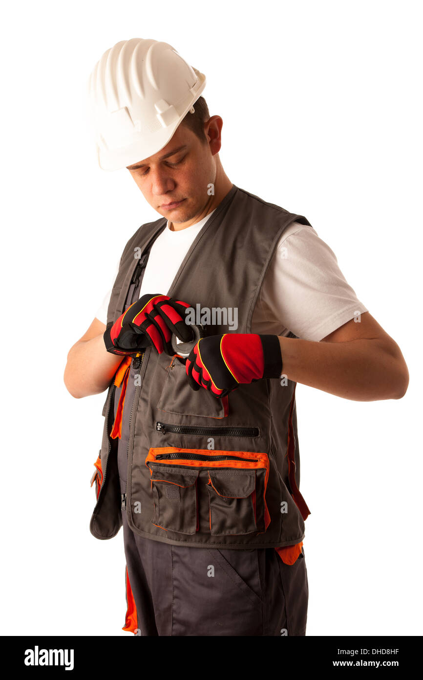 Construction worker in work dress isolated over white background Stock ...