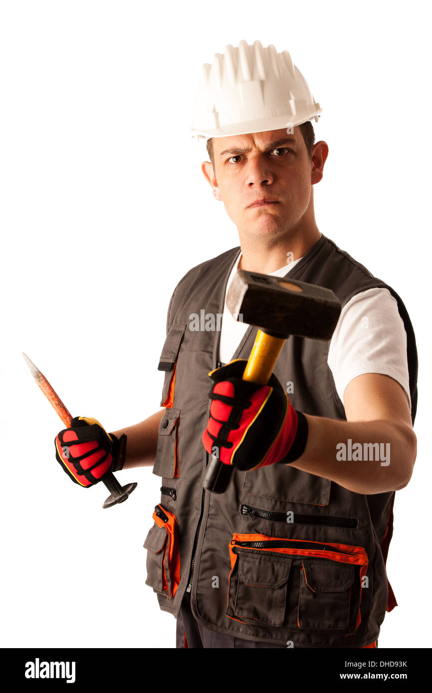 Angry construction worker threats with hamer Stock Photo - Alamy