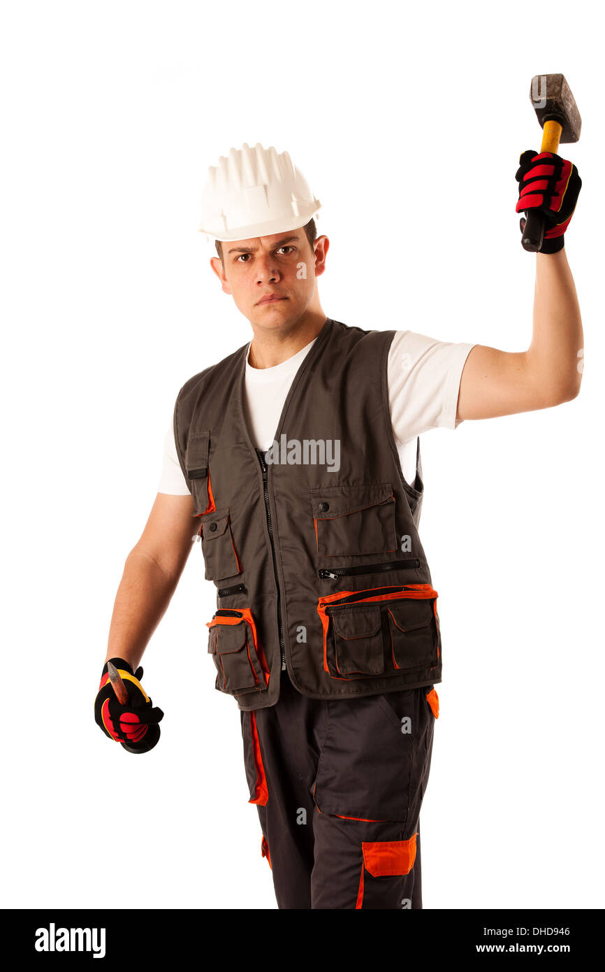 Angry construction worker threats with hamer Stock Photo - Alamy