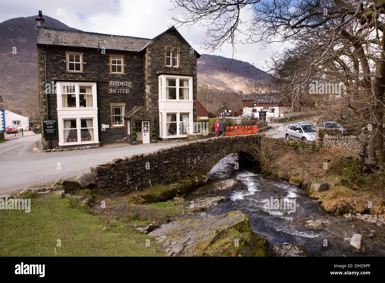 UK, Cumbria, Lake District, Buttermere, Bridge Hotel beside Mill Beck ...
