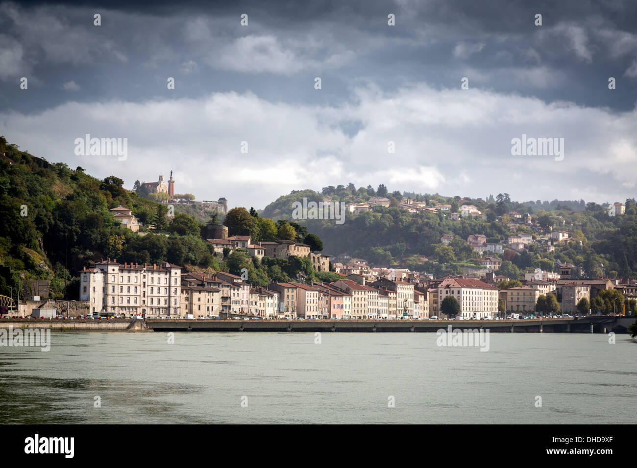 Vienne by the grand river Rhone on a moody grey day, France, Europe ...