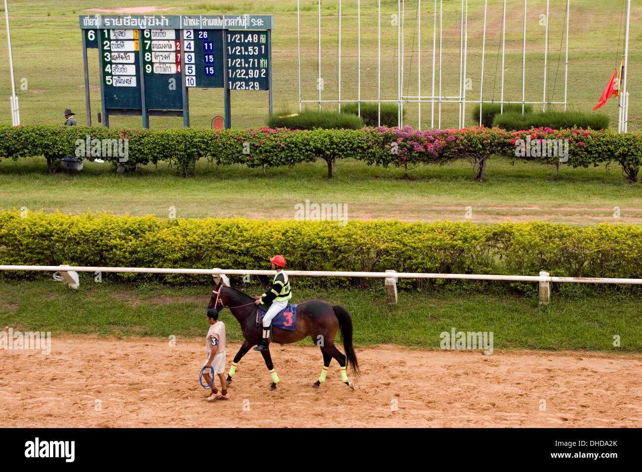 A jockey is riding a horse past a sign board that displays entrants ...