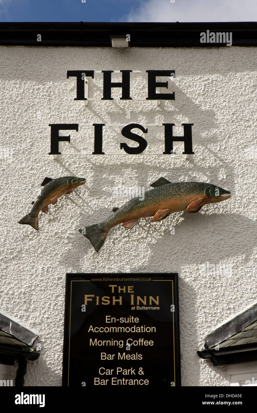 UK, Cumbria, Lake District, Buttermere, Fish Inn sign Stock Photo - Alamy