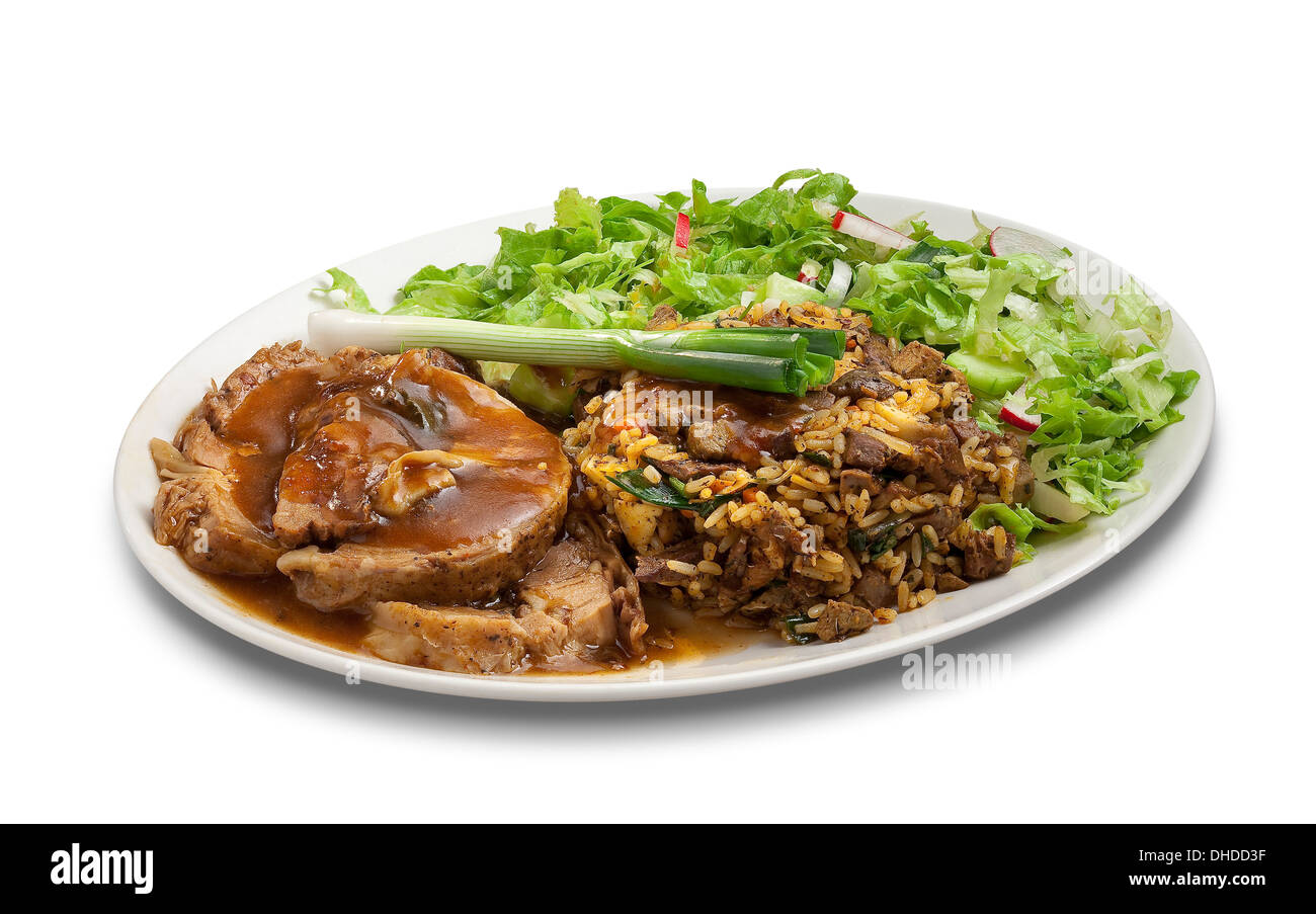 Beef with rice and salad isolated on white background Stock Photo - Alamy