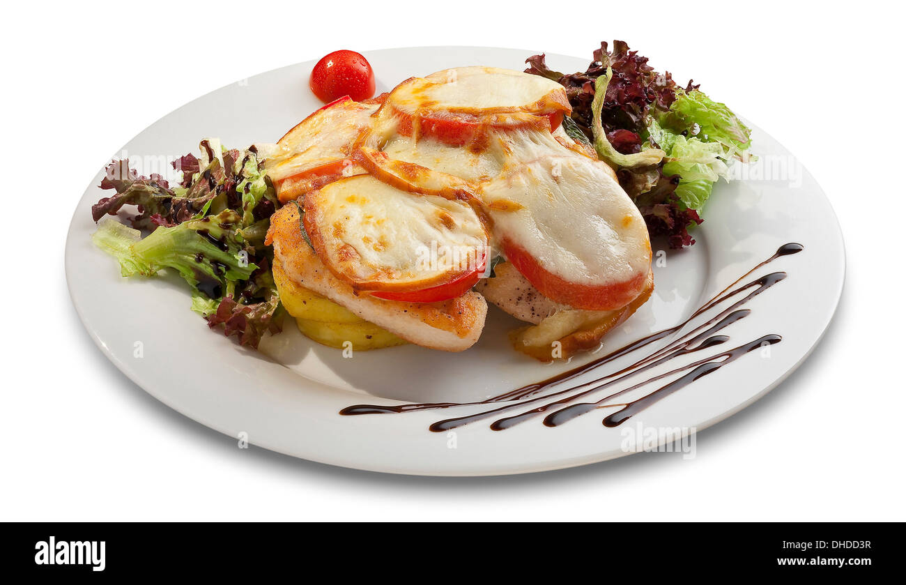 grilled chicken with melted cheese and vegetables isolated on white ...