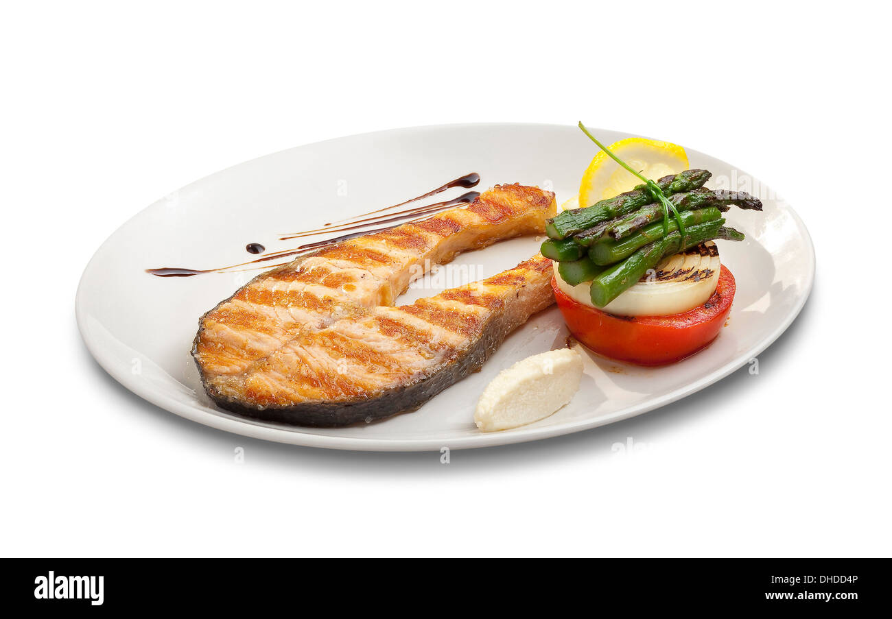 Grilled fish with vegetables isolated on white background Stock Photo ...