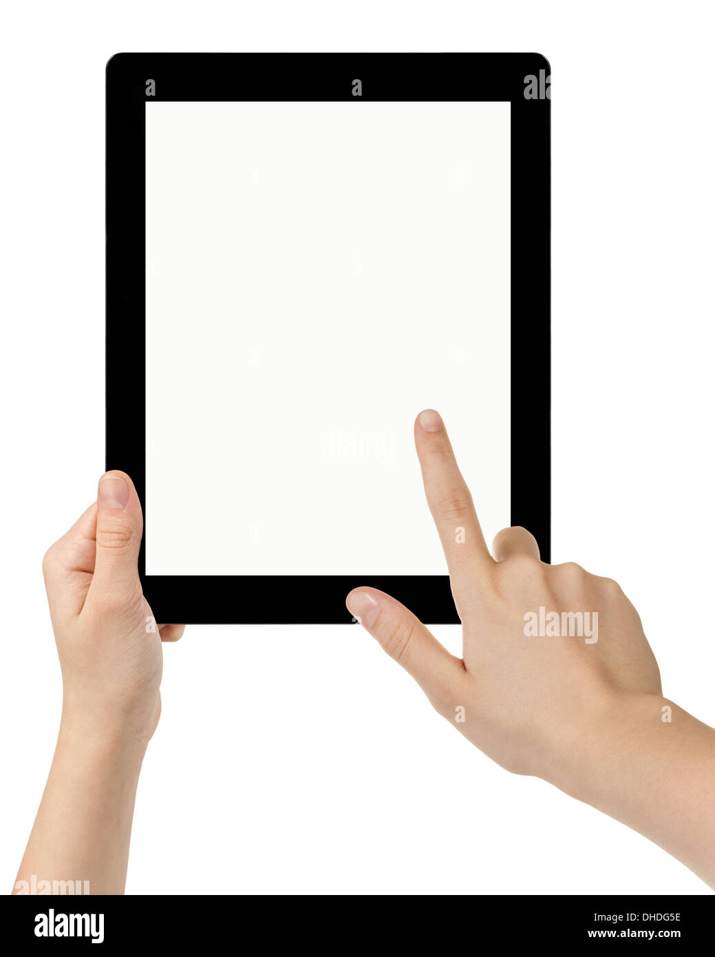 female teen hands using tablet pc with white screen, isolated Stock ...
