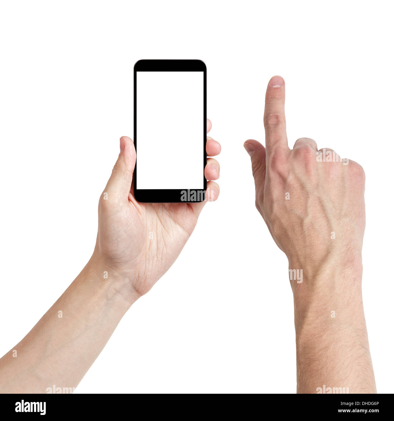 adult man hands using mobile phone with white screen, isolated Stock ...